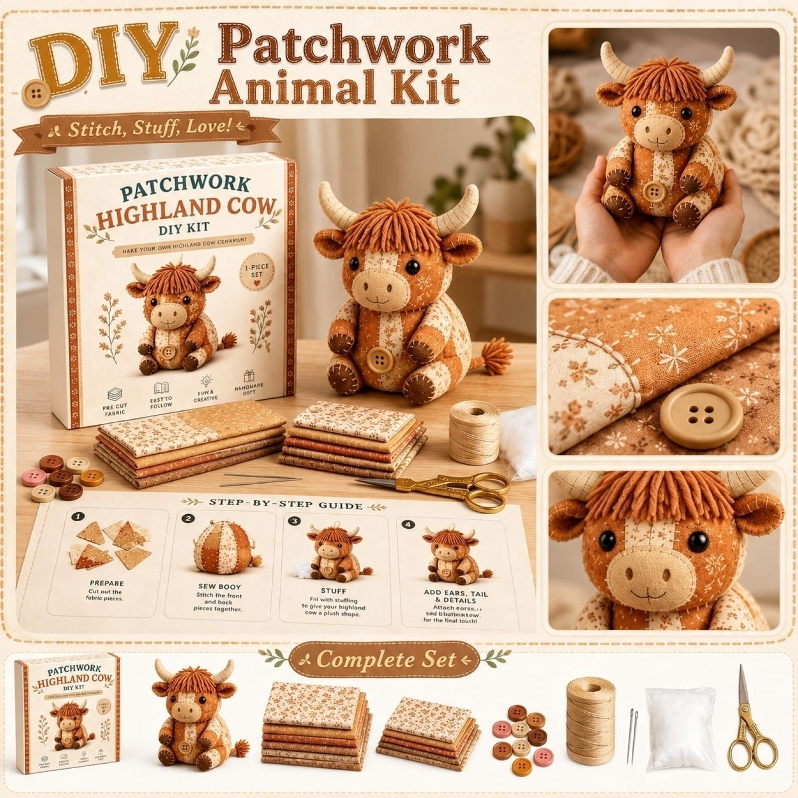 Beginner Friendly Patchwork Highland Cow DIY Kit, 1 Set Sewing Craft ...