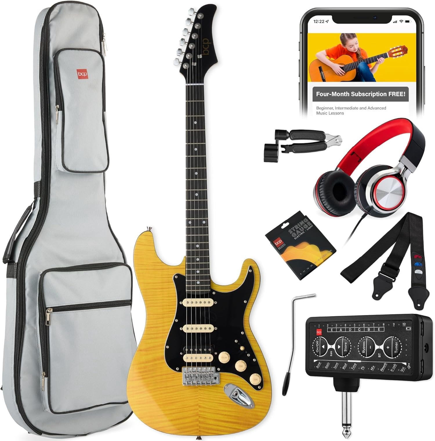 Beginner HSS Electric Guitar Kit w/Headphone Amp, Padded Gig-Bag ...