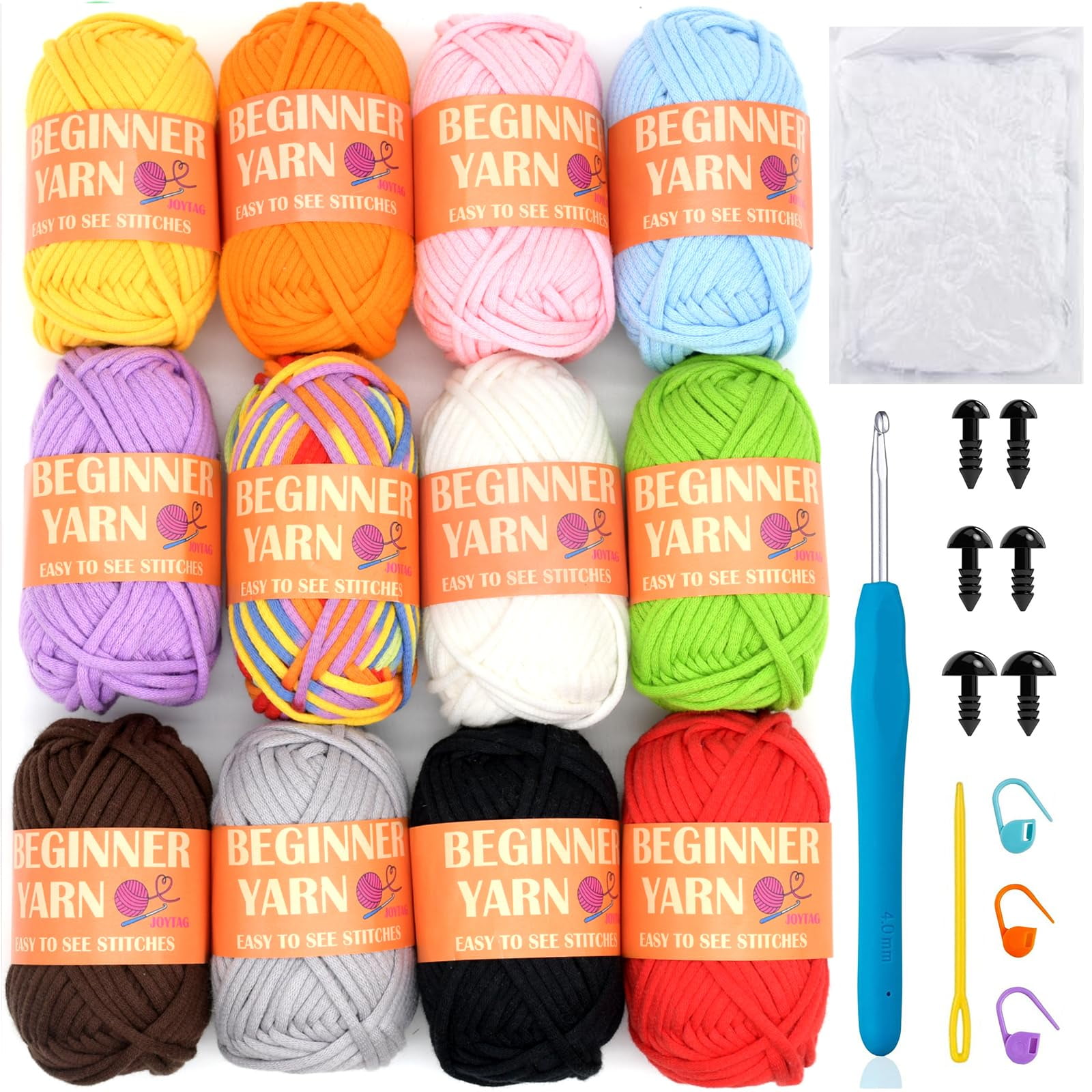 Beginners Crochet Yarn Kit 12 Pack Multicolor, Cotton-Nylon Blend Easy ...