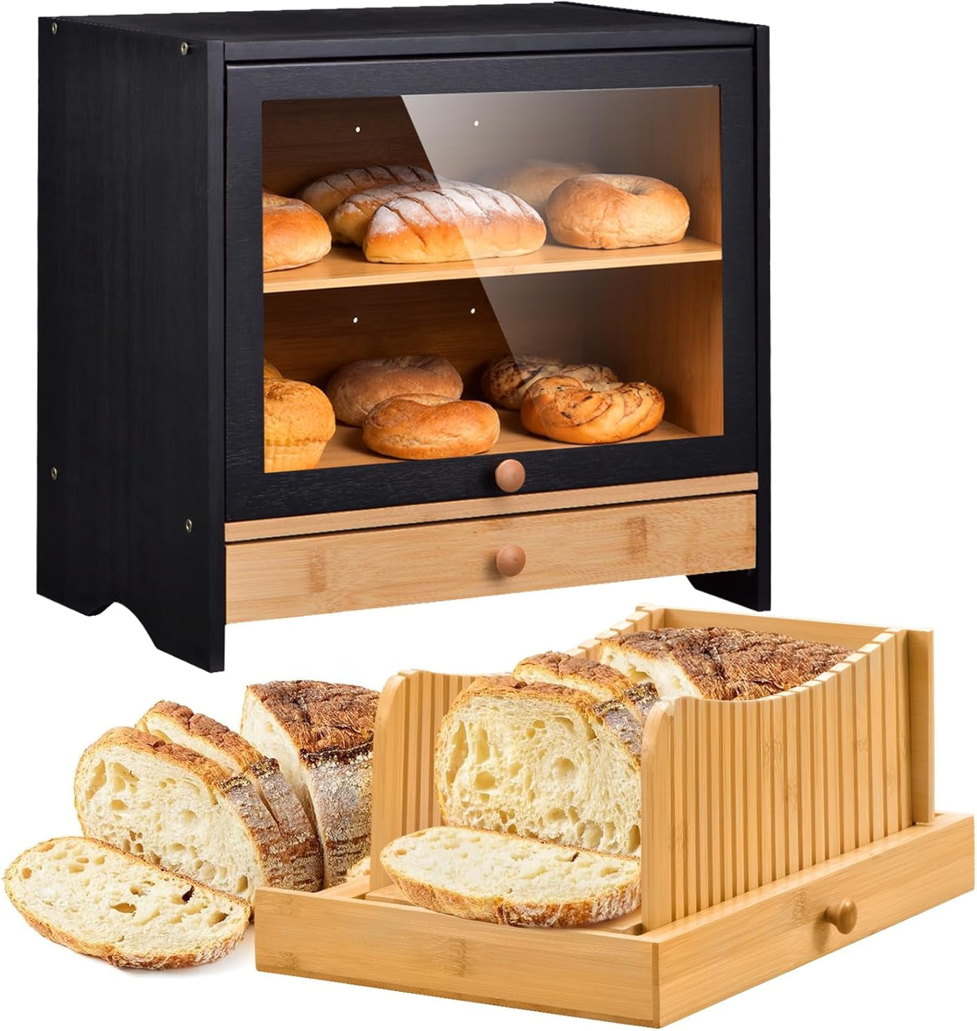 Beglero Bamboo Bread Box with Bread Slicer,Corner Breads Boxs for ...