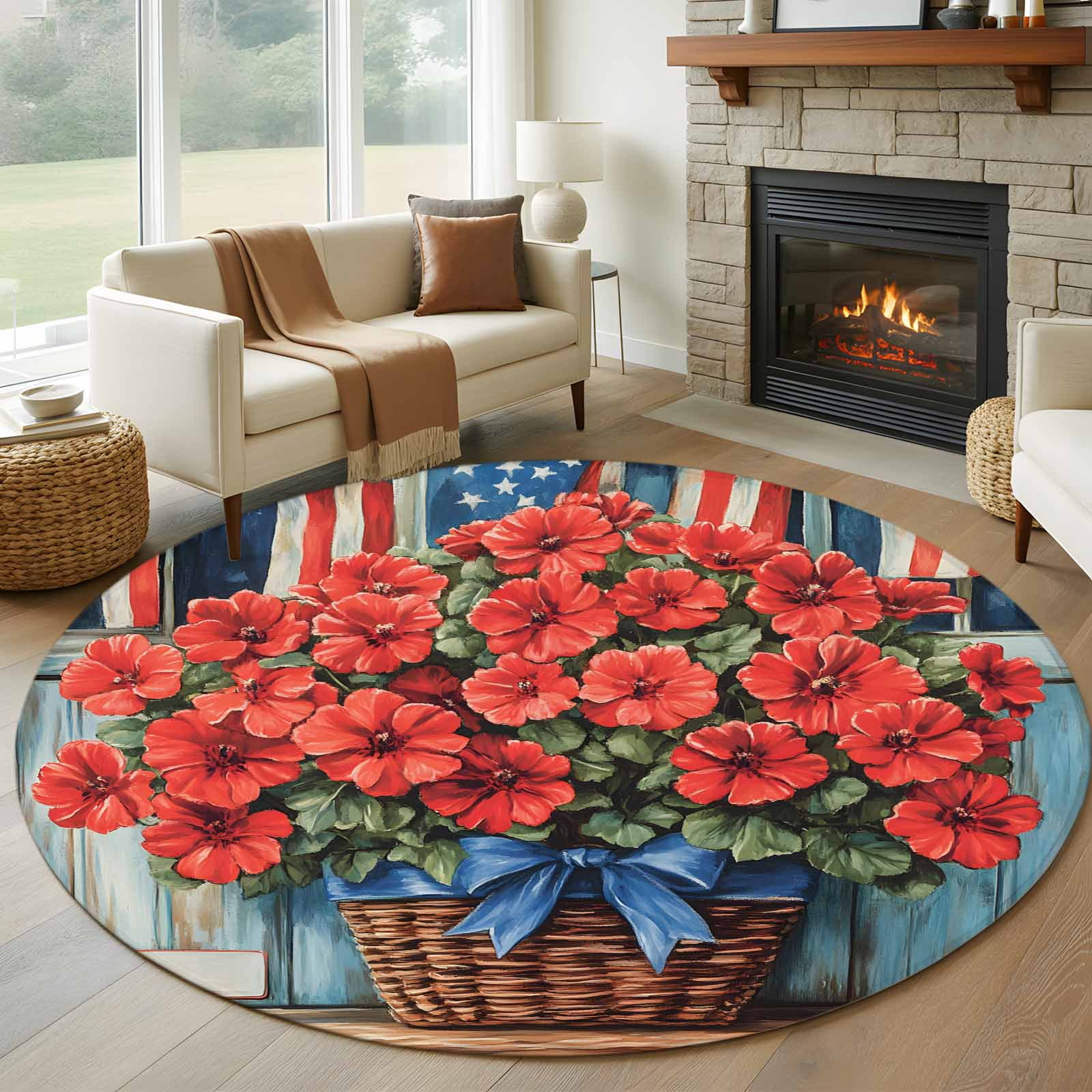 Begonia Flower Washable Round Area Rug 5 ft, American Flag Retro, Soft ...