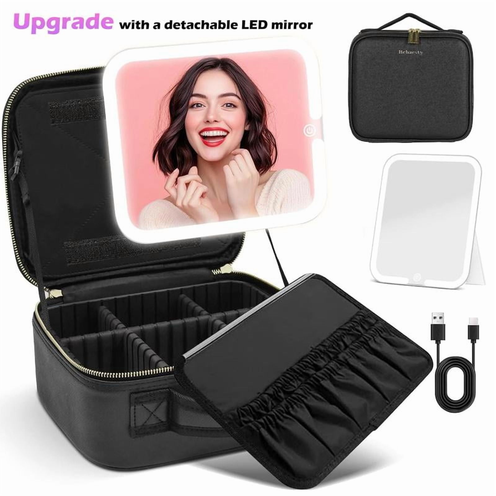 Behaesty Portable Makeup Bag with 3-Color LED Detachable Mirror 2000mAh ...