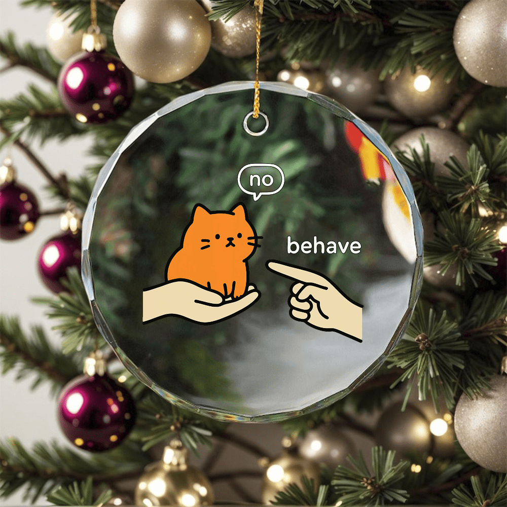 Behave No Funny Dishonest Liar Orange Cat Meme Cartoon Ornament, Hanging Decor, Crystal Glass ...