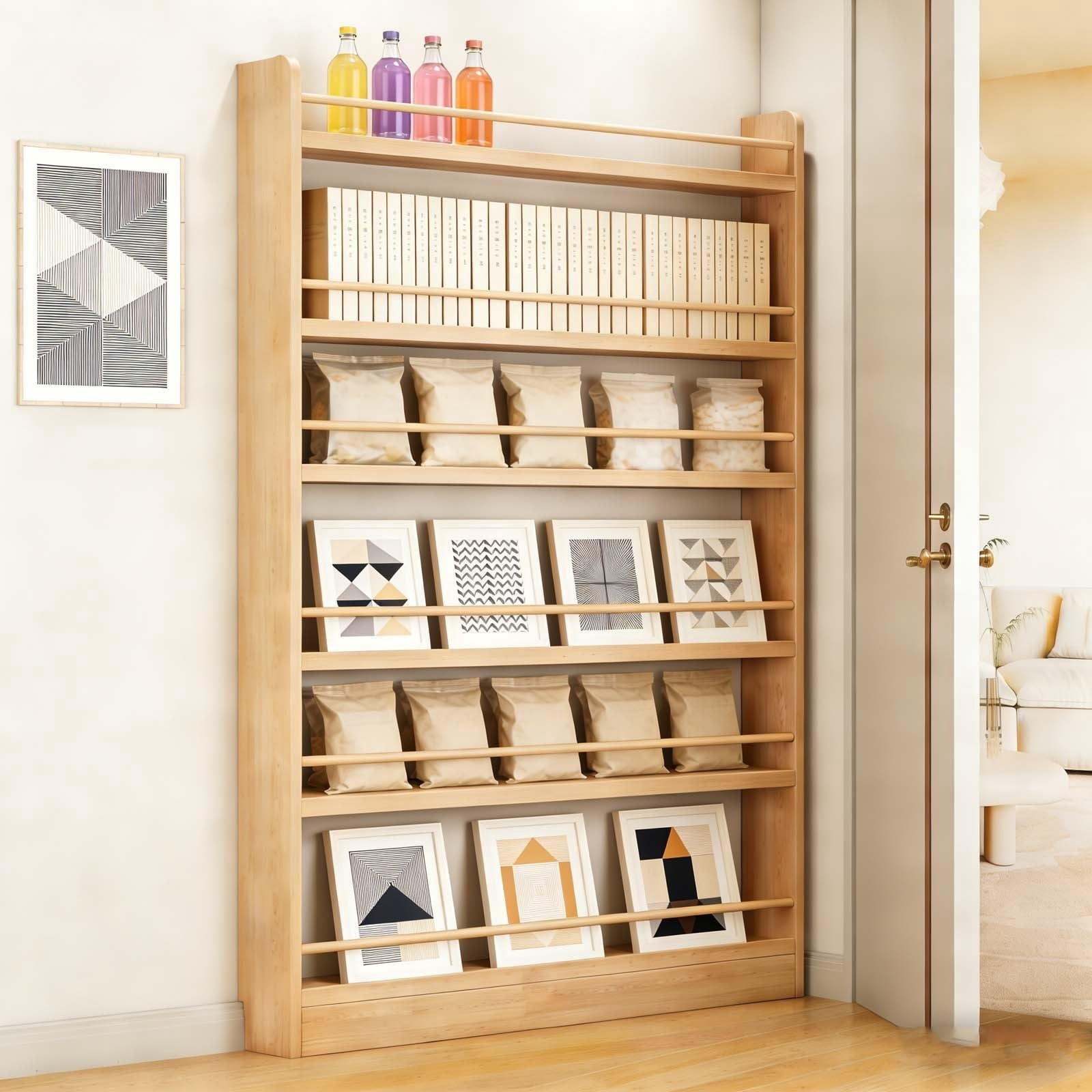 Behind Door 6 Tier Slim Bookcase - Wall Mount Hidden Storage Organizer ...