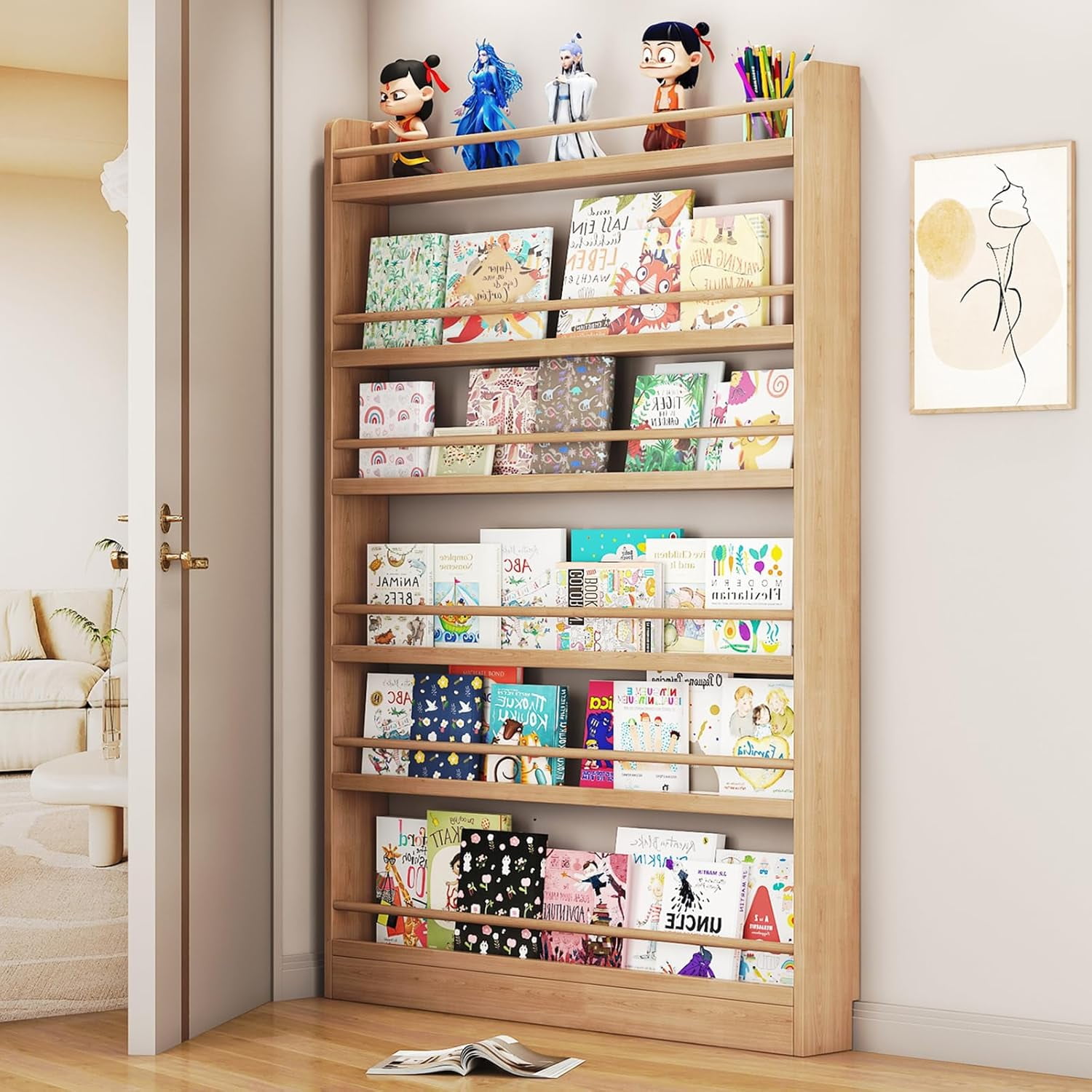 Behind The Door Bookshelf, 6-Tier Wooden Bookcases with Open Display ...