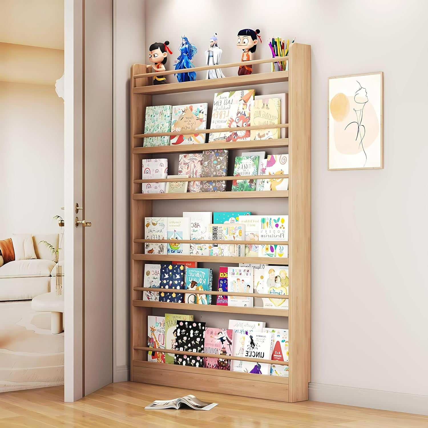 Behind The Door Bookshelf 6-Tiers Wooden Kids with Open Display Shelves ...
