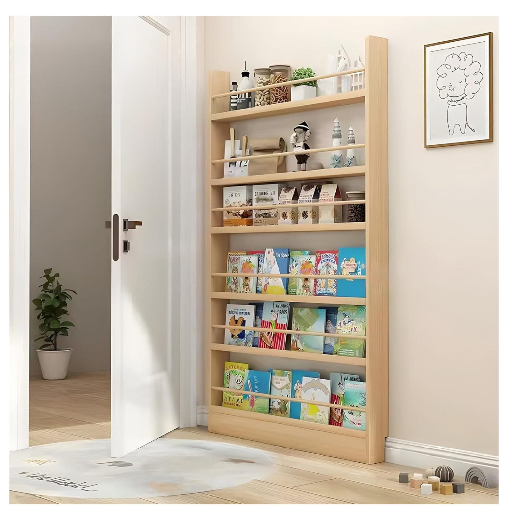 Behind The Door Bookshelf, Wooden Behind Door Bookshelf 6-Tier, Space ...