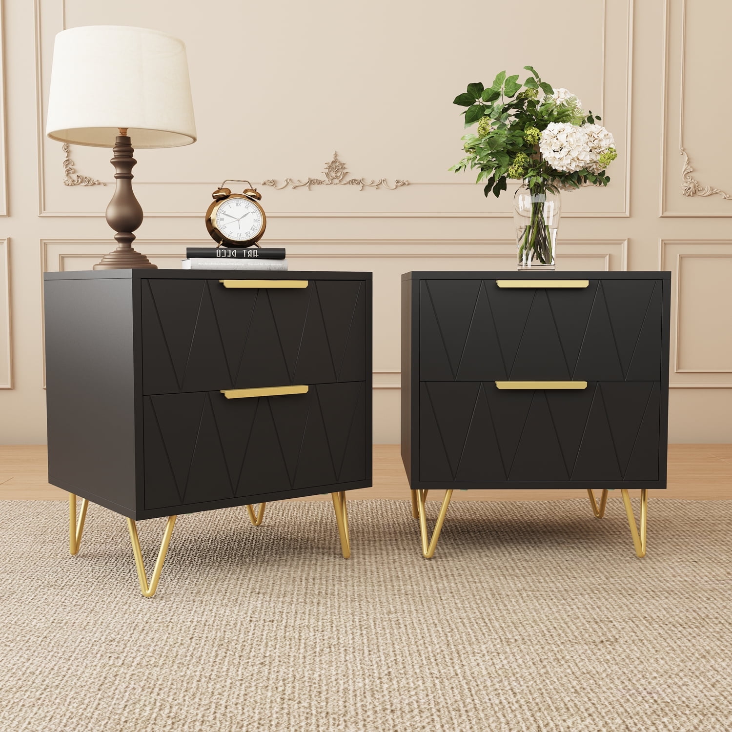 Behost Black Nightstand for Bedroom,Modern 2 Drawer Nightstand Bedside ...