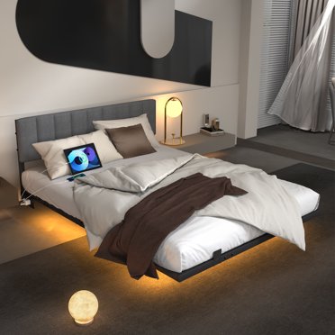 Homfa Full Size LED Lighted Bed Frame, Velvet Upholstery Fabric ...