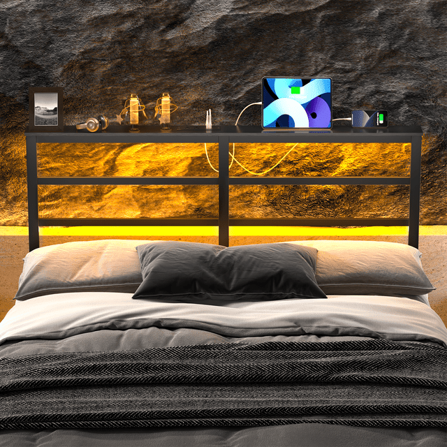 Behost Full Size Headboard with LED Lights and Power Outlet, Sturdy and ...