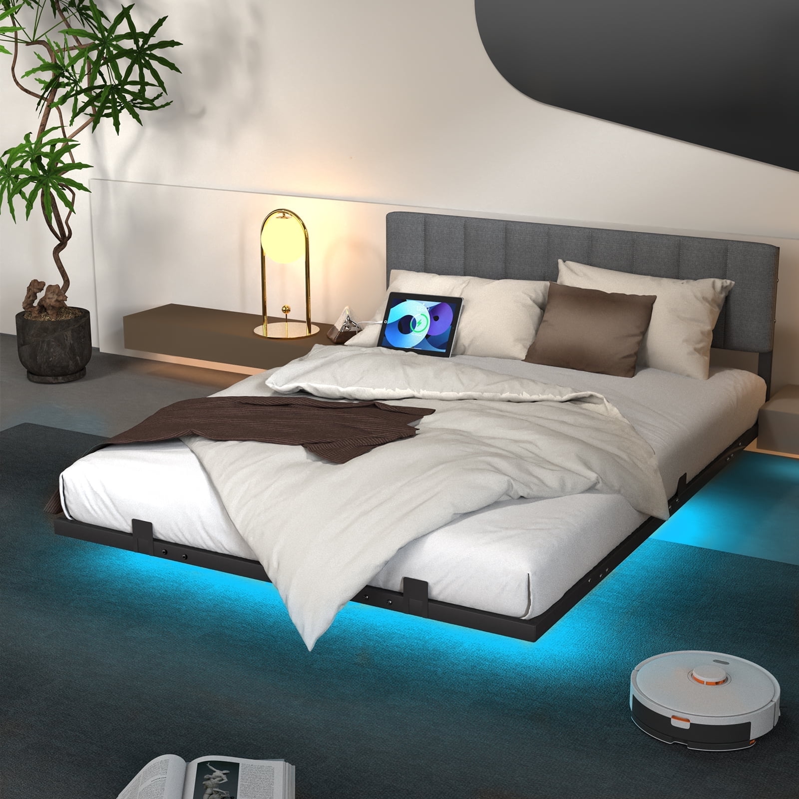 BEHOST King Size Floating Bed Frame, LED Lights, Modern Platform, Grey ...