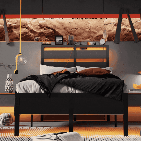 Zimtown Twin Bed Frame with Storage Headboard, LED Lights, and Charging ...