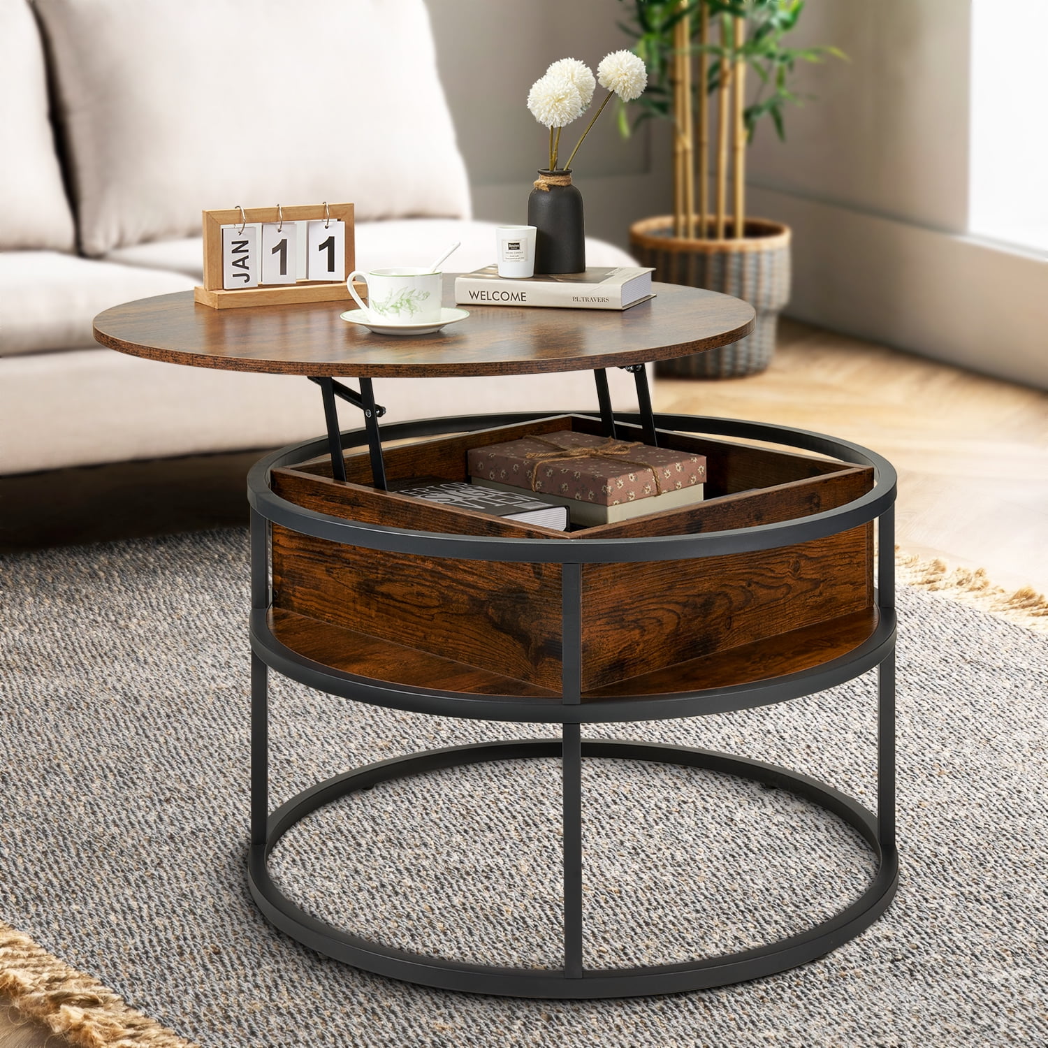 Behost Round Lift Top Coffee Table with Storage, Industrial Wood Coffee ...