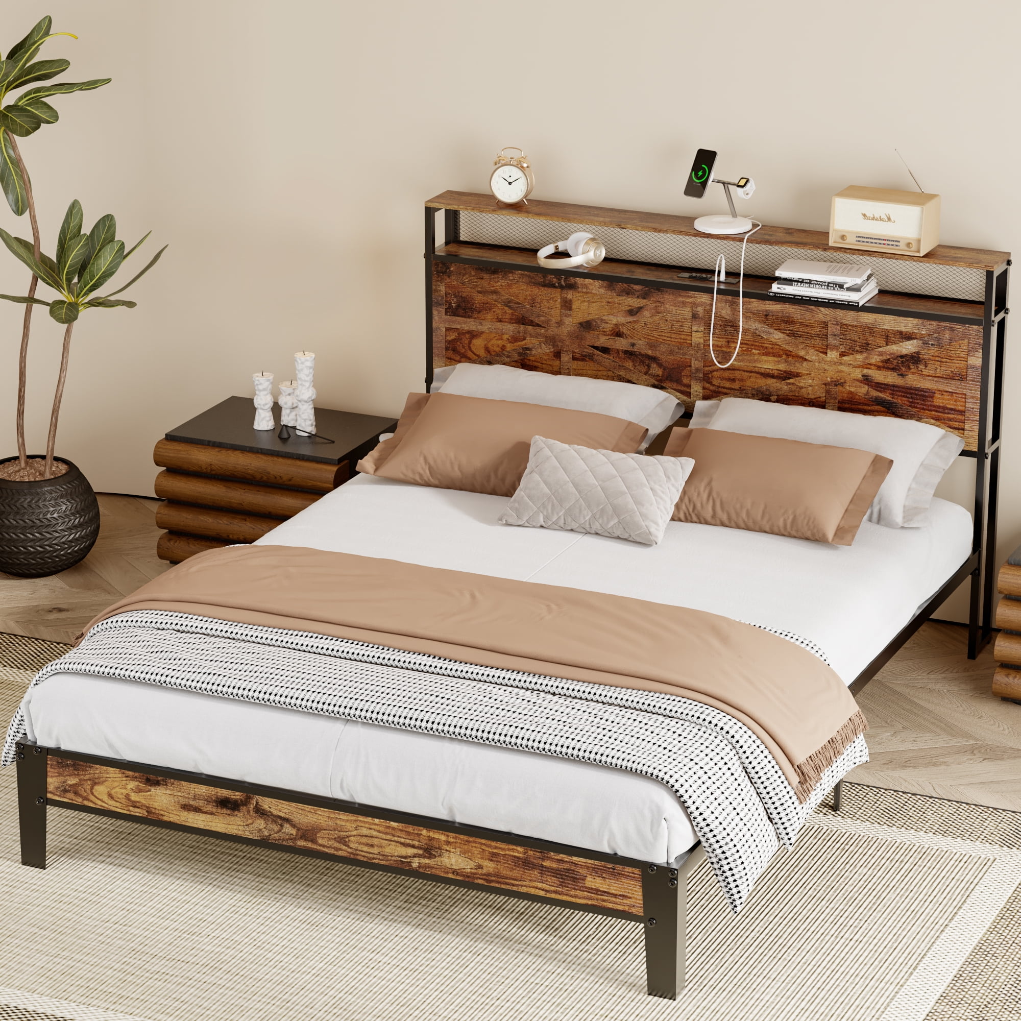 Behost Twin Bed Frame with Wooden Storage Headboard, Power Outlets ...