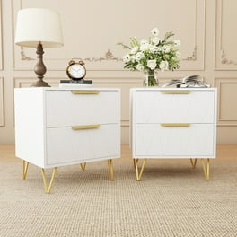 Wooden Nightstand with 2 Drawers and Marbling Worktop Mordern Wood Bedside Table with Metal Legs and Handles White Walmart