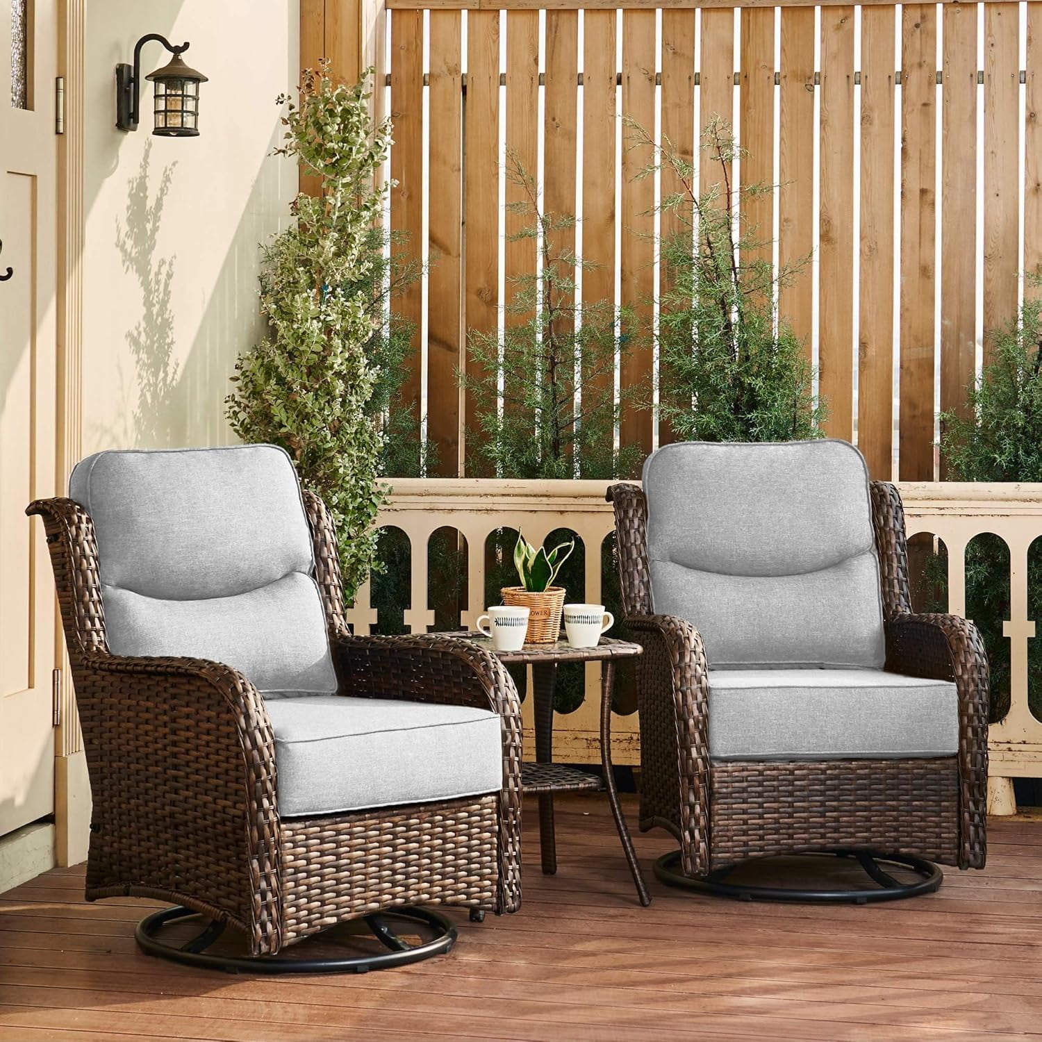 Behousewell Luxury 3-Pieces Patio Chair Outdoor Wicker Rocking Chair ...