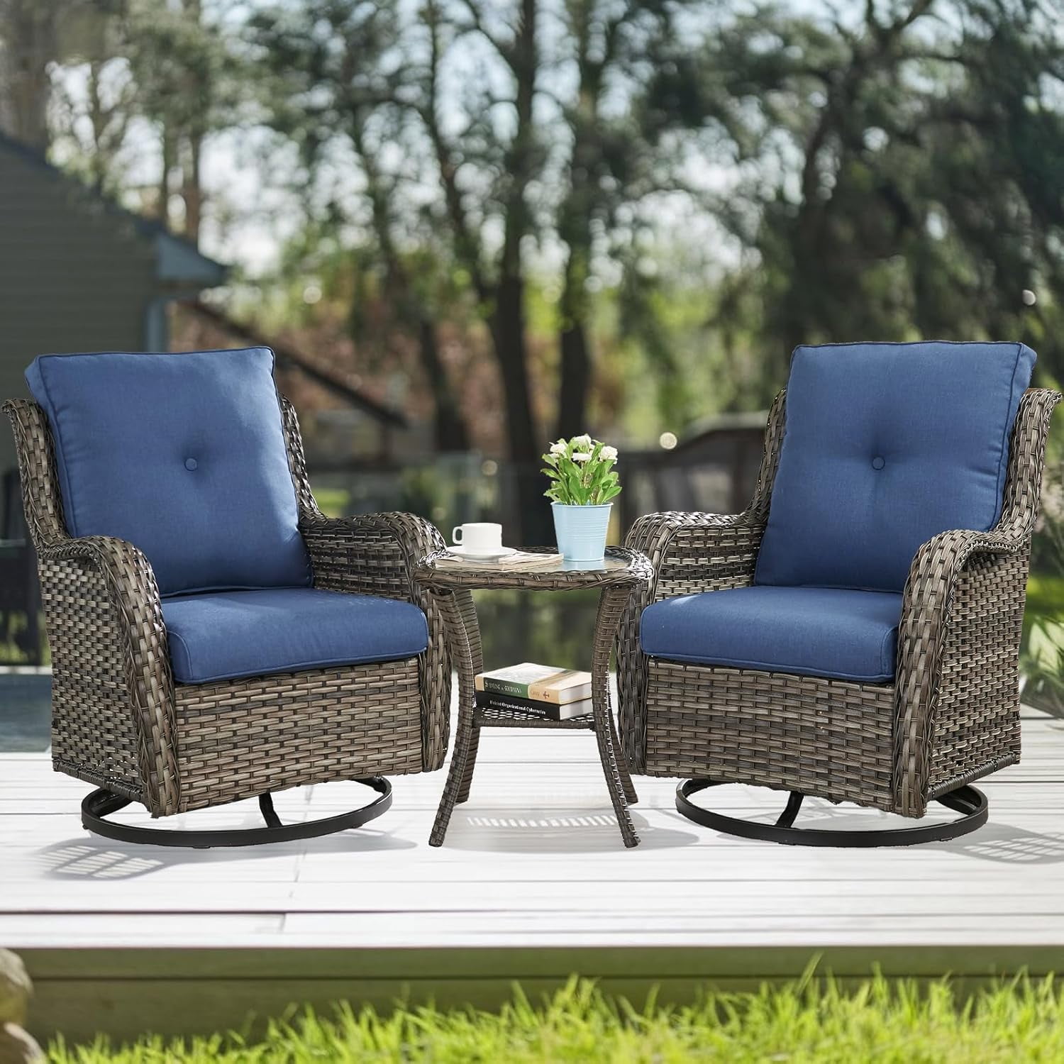Behousewell Patio Furniture 5-Piece Set Wicker Outdoor Swivel Rocking ...
