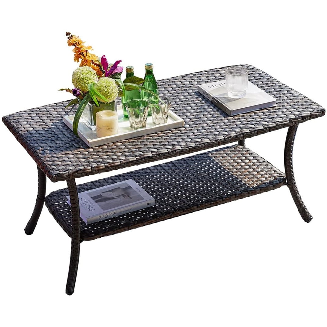 Behousewell Wicker Patio Coffee Table,Rattan Outdoor Coffee Table with ...