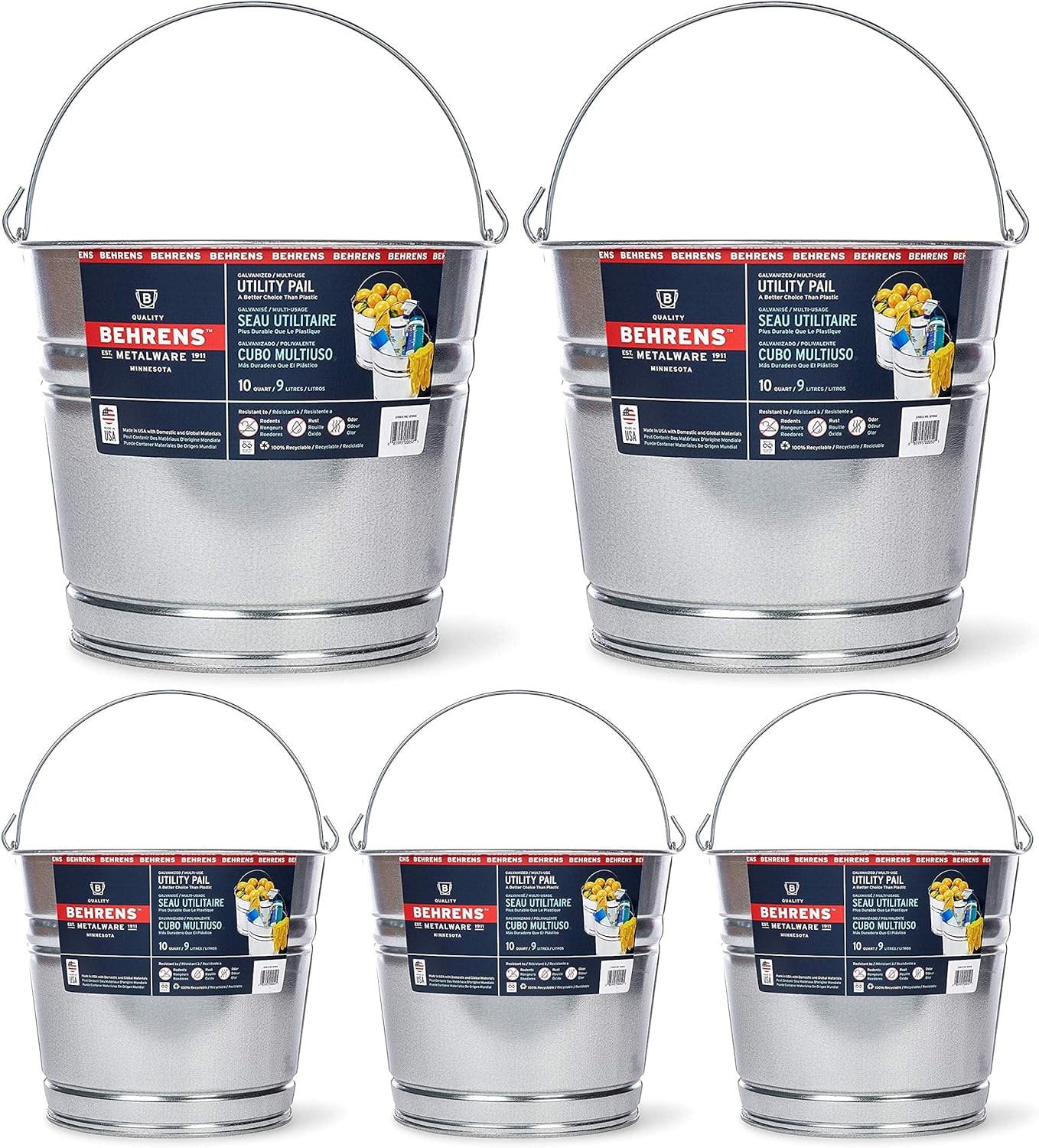 Behrens 1210GS 10-Quart Galvanized Steel Pail - 5 Pack - Walmart.com