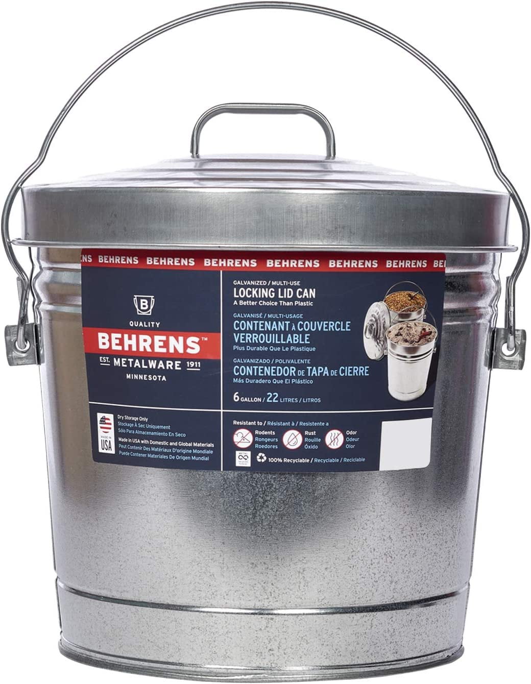 Behrens Galvanized Steel Locking Lid Trash Can, 6-Gallon, Durable ...