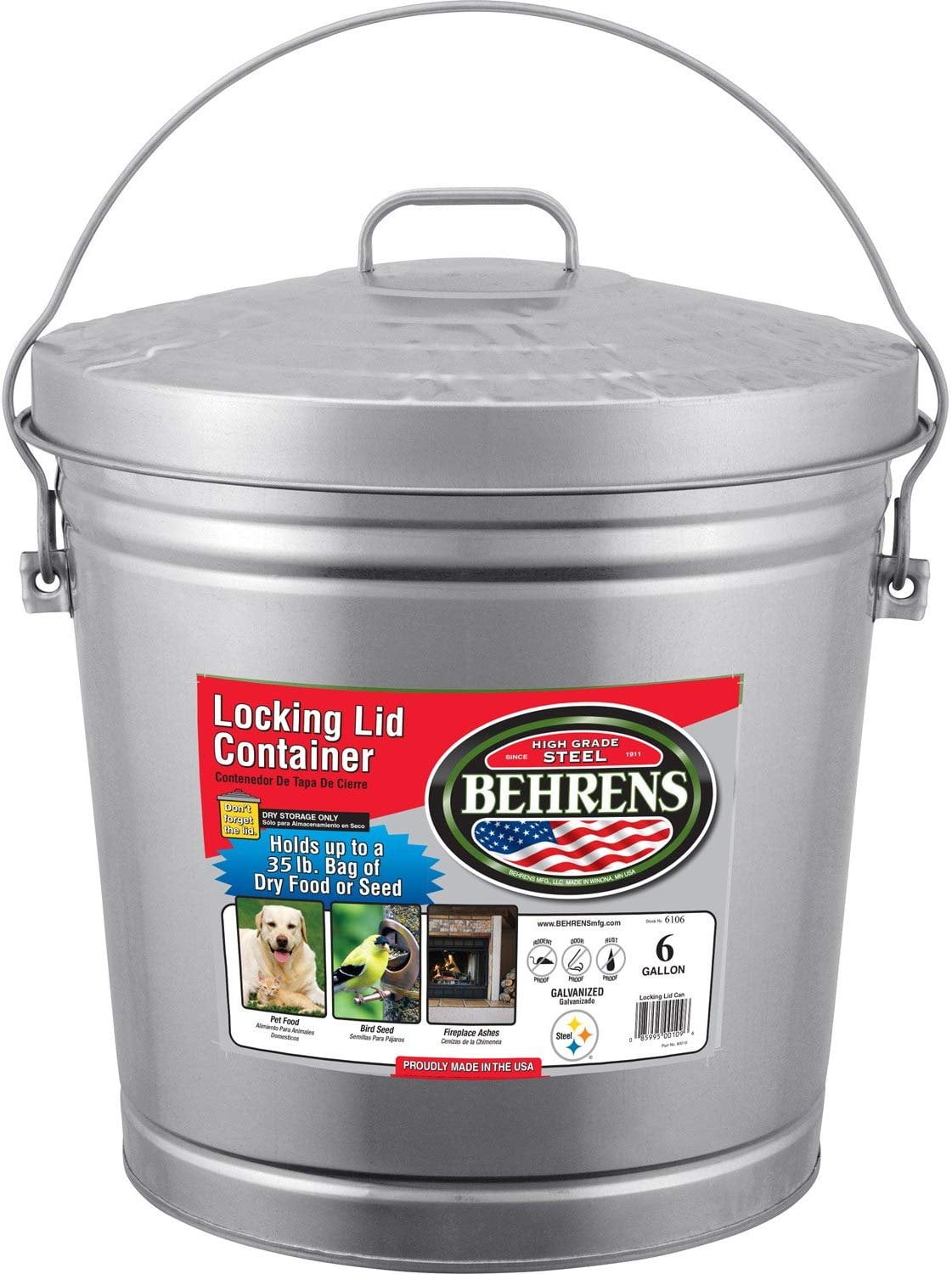 Behrens Galvanized Steel Garbage Pail, 6 Gallon Trash Bucket with ...