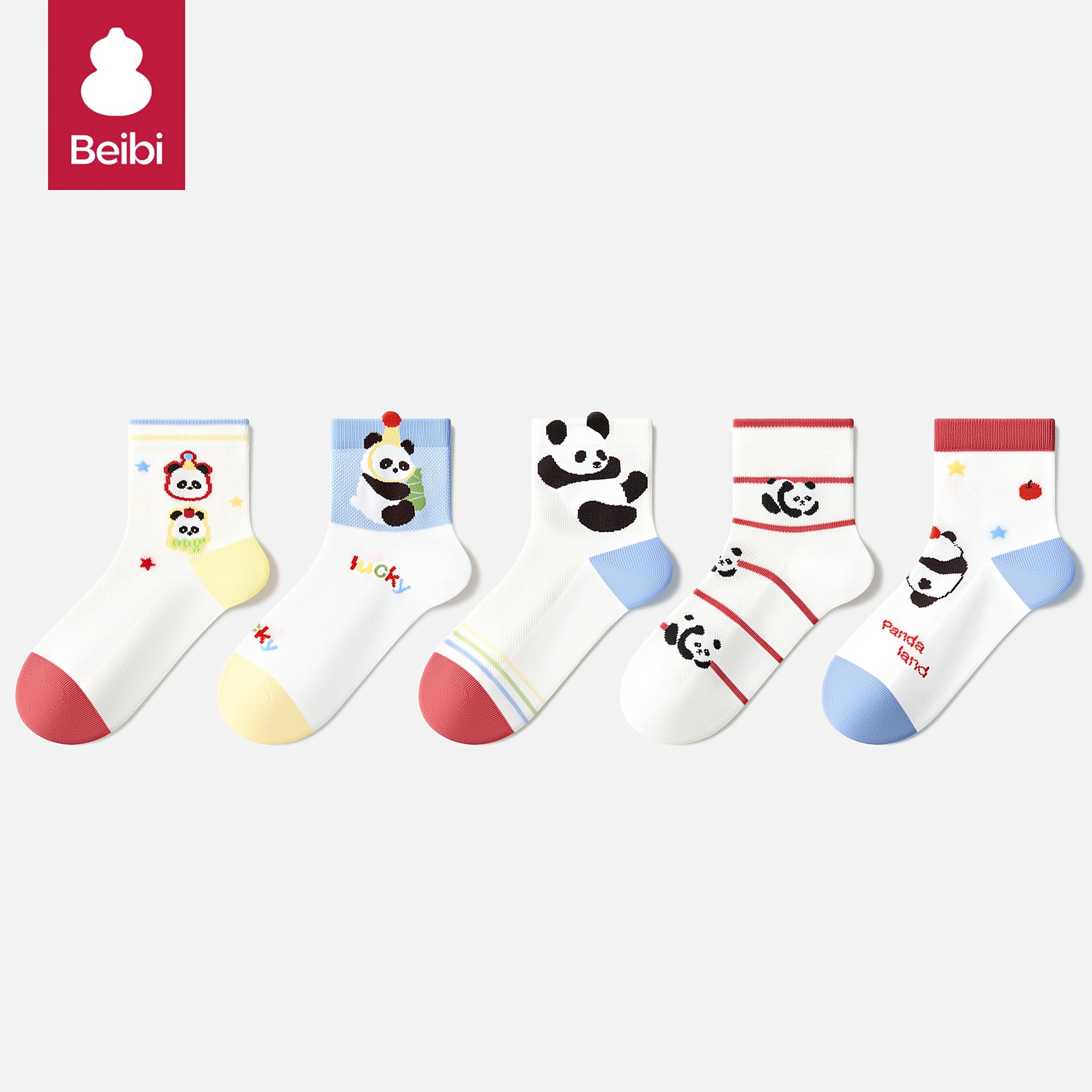 Beibi 5-pair summer thin mid-calf socks with cartoon fruit and panda ...