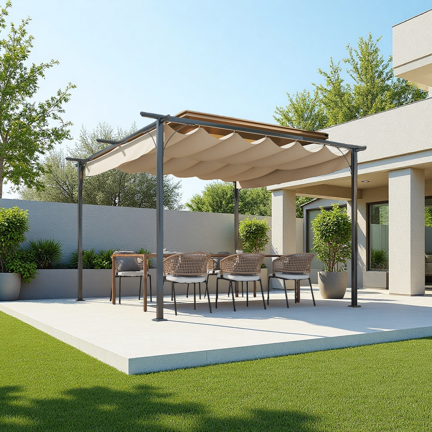 Beige 11.5'x11.5' Outdoor Retractable Pergola – PU-Coated Canopy ...