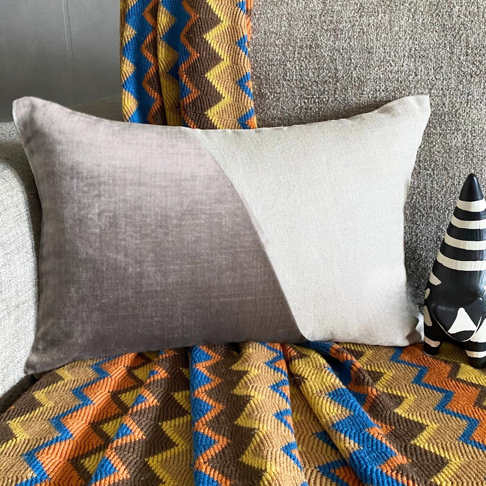 Beige 12"x20" (30x50 cm) Lumbar Pillow Cover, Velvet Patchwork & Color ...
