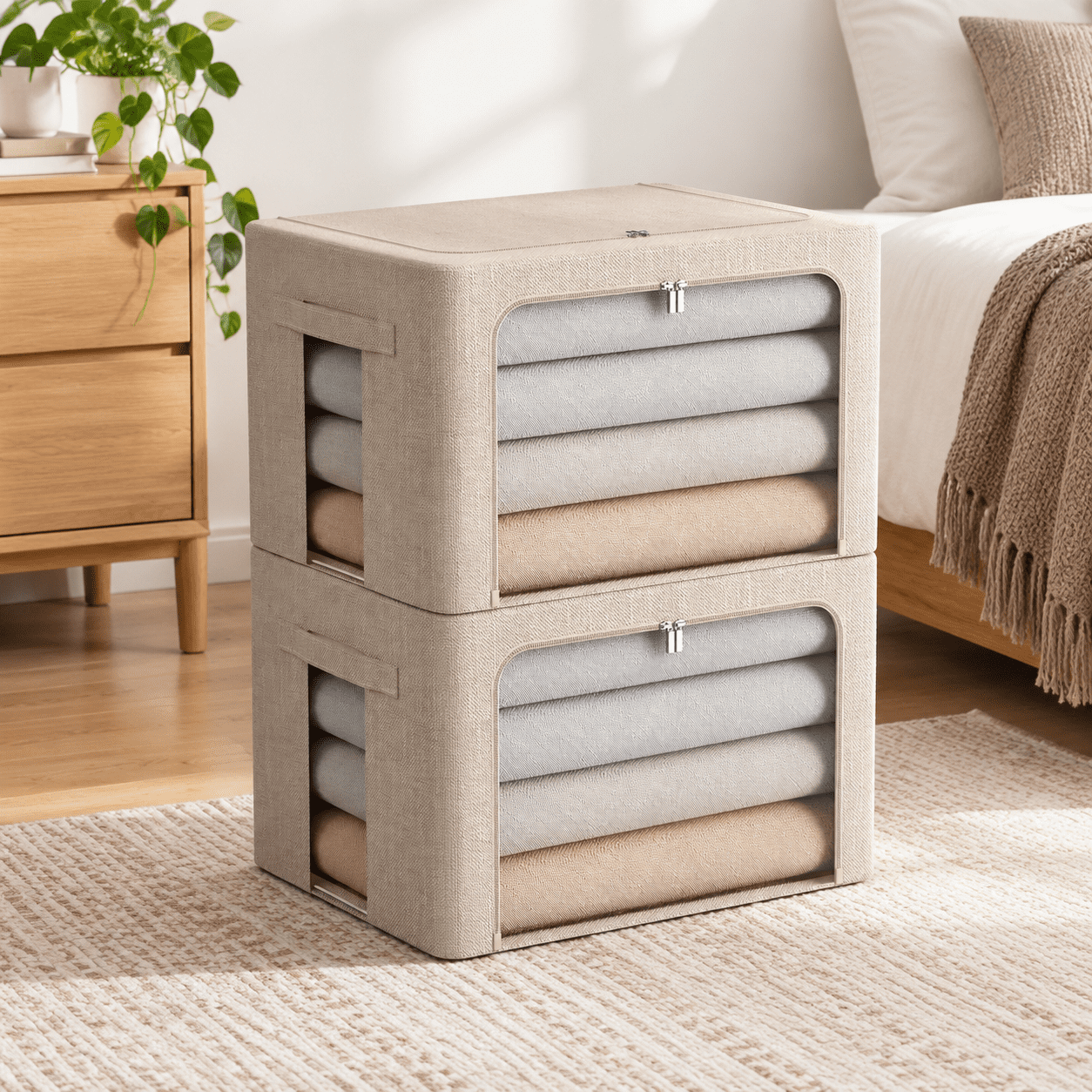Beige 19.7x 15.7x 12.6 Inch 2 Pack Linen Fabric Stackable Storage ...