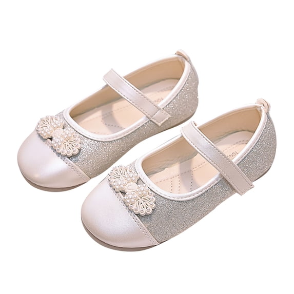 Beige 2026 Girl'S Casual Leather Bow Loafers Princess Crystal Pearl ...