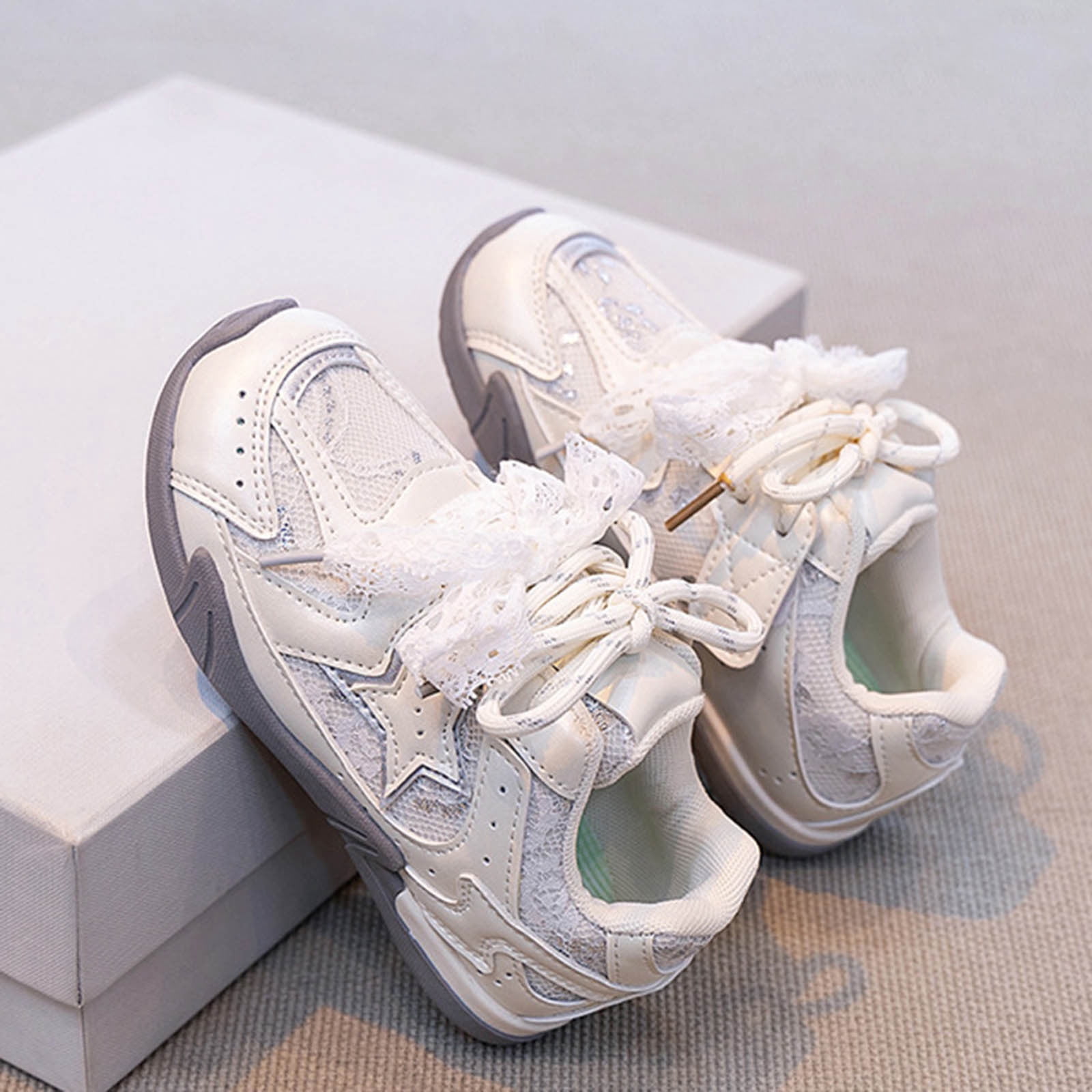 Beige 2026 Spring Girls Breathable Mesh Shoes Little Kids Lace Bow Star ...