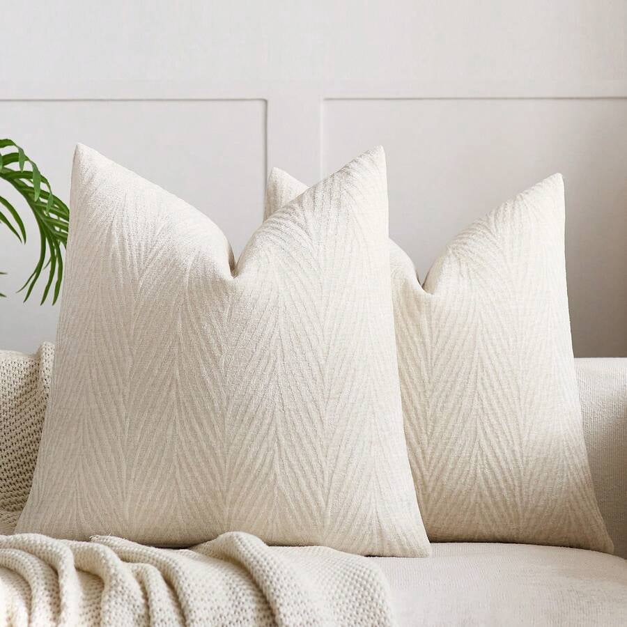 Beige 3D Leaf Texture Chenille Throw Pillow Cover, Farmhouse Minimalist ...
