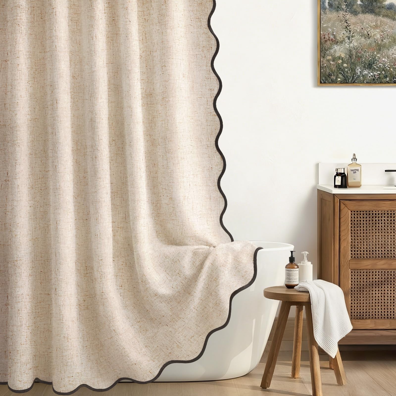Beige 54"W x 72"L Linen Blend Scalloped Boho Bathroom Shower Curtain ...