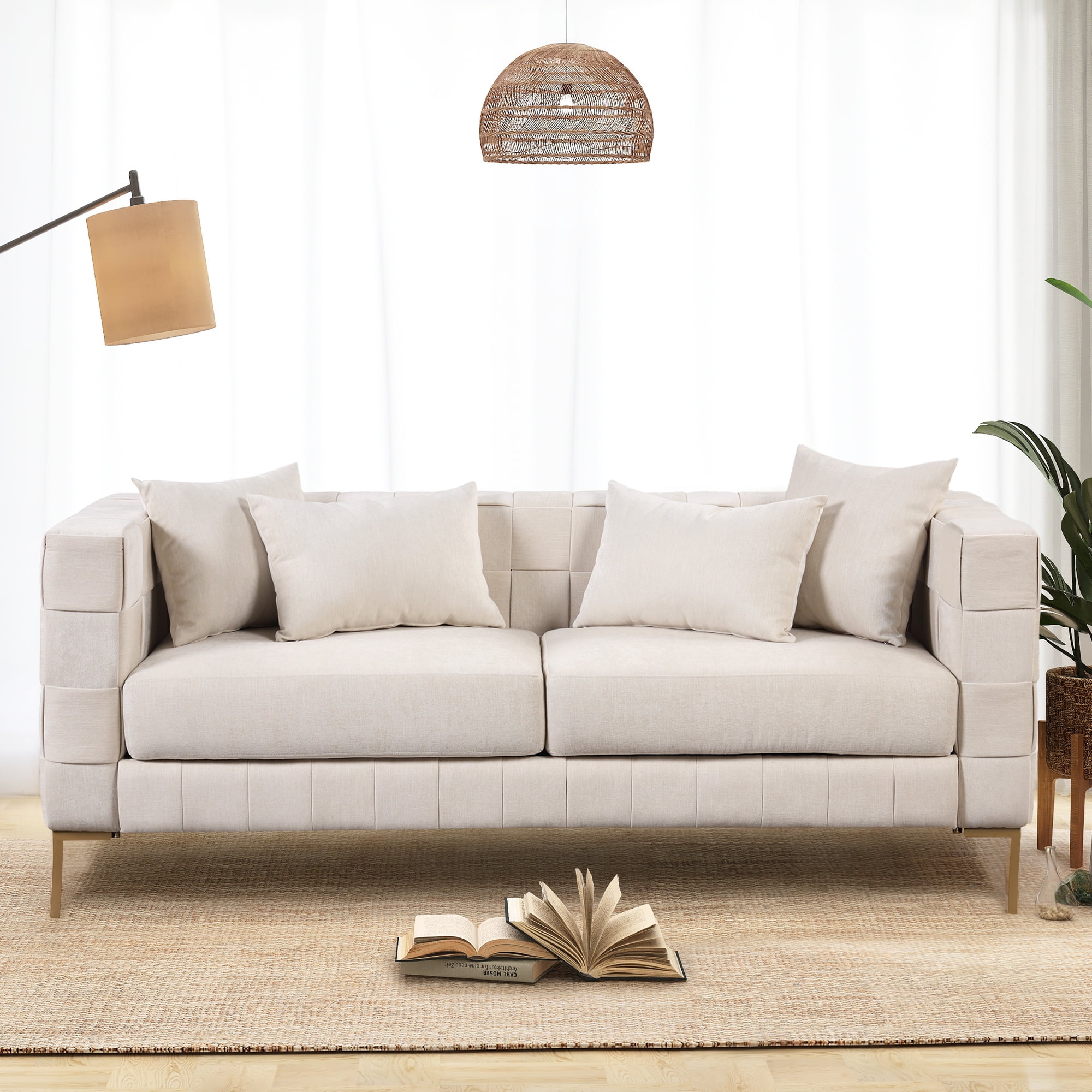 Atumon 3-Seat Sofa Couch, 80.5"L, Beige Chenille Upholstery, Mid ...