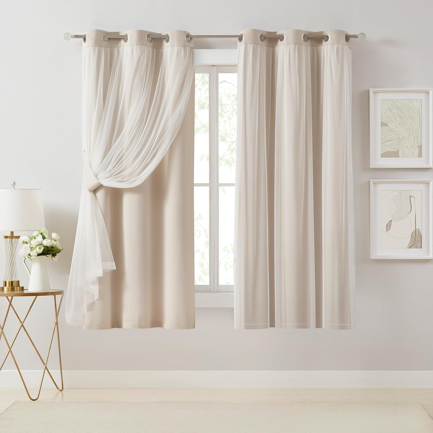 Beige 80% Blackout Curtains with Sheer Overlay Mix and Match Double ...