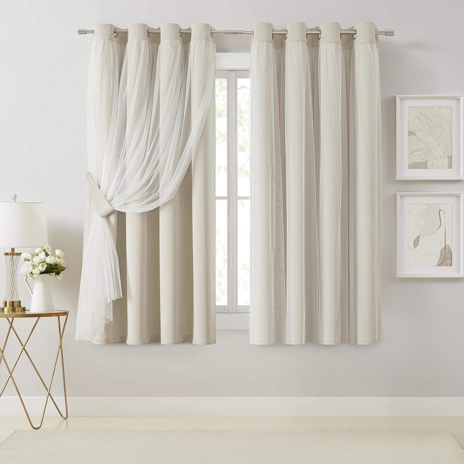 Beige 80% Blackout Curtains with Sheer Overlay Mix and Match Double ...