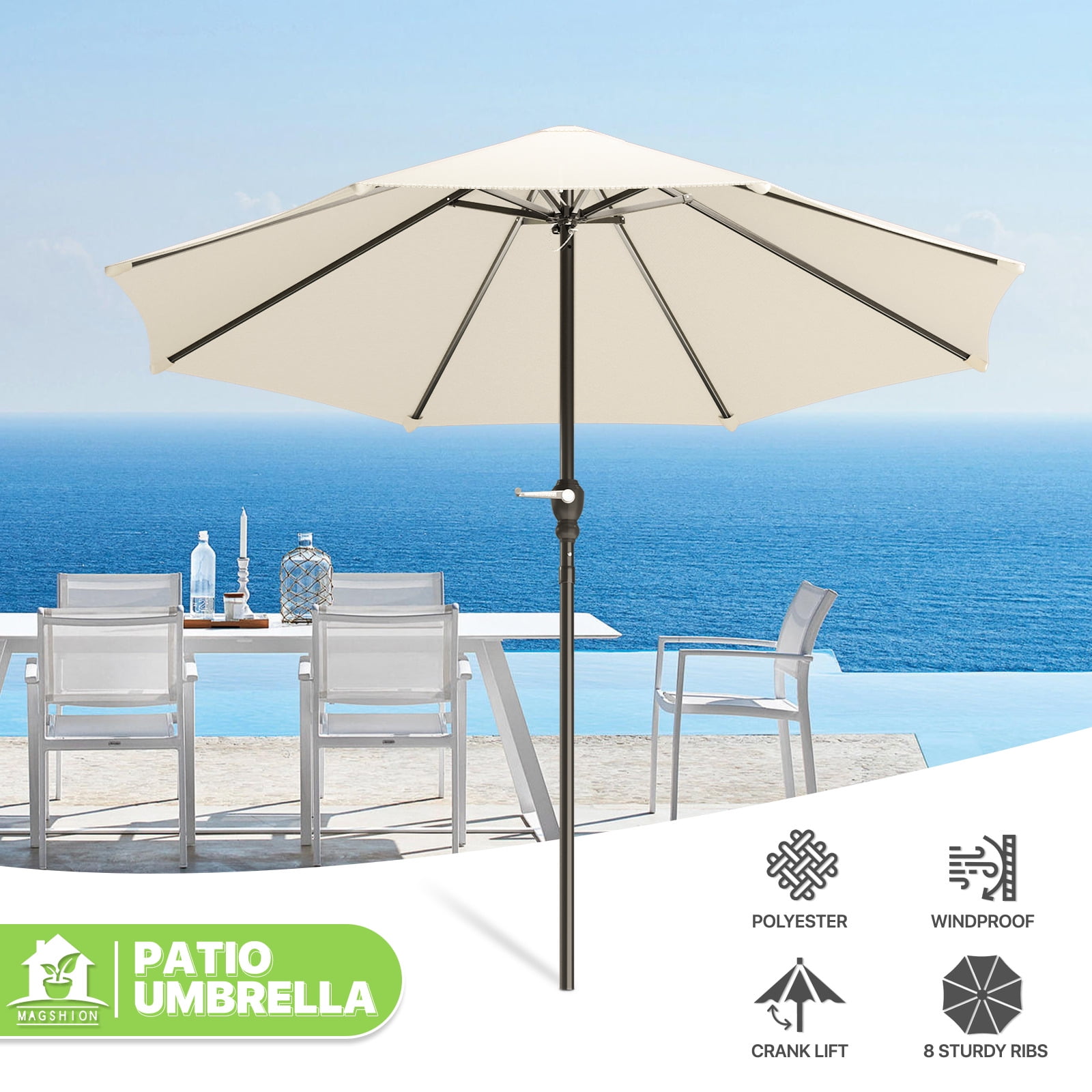 Beige 9 ft Outdoor Market Umbrella 8 Steel Ribs Poolside Table Sun ...