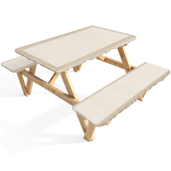 Beige Abstract Art Picnic Table Cover with Bench Covers Vintage Linen ...