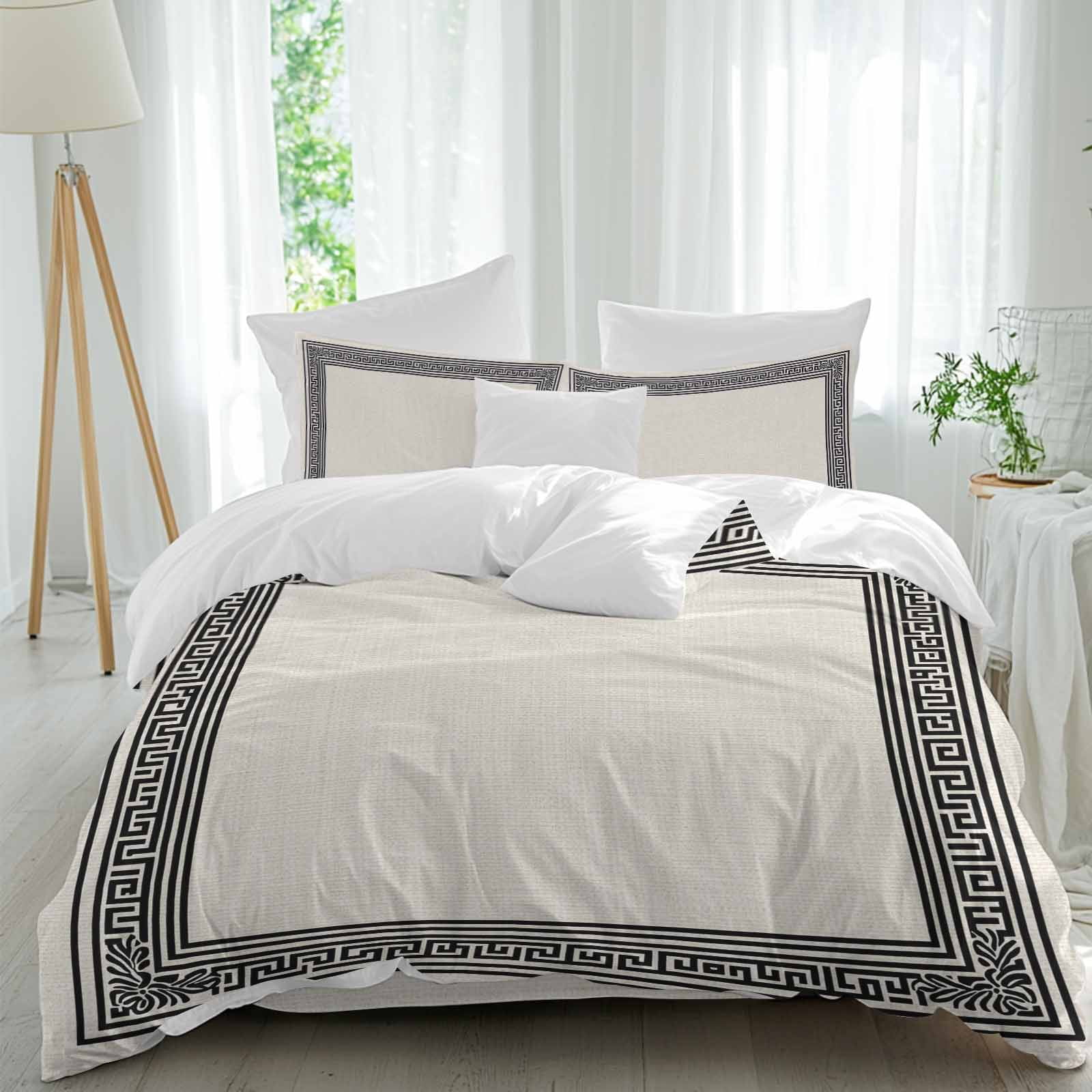 Beige Abstract Art Queen Duvet Cover Set, Vintage Linen Black Greek Key ...