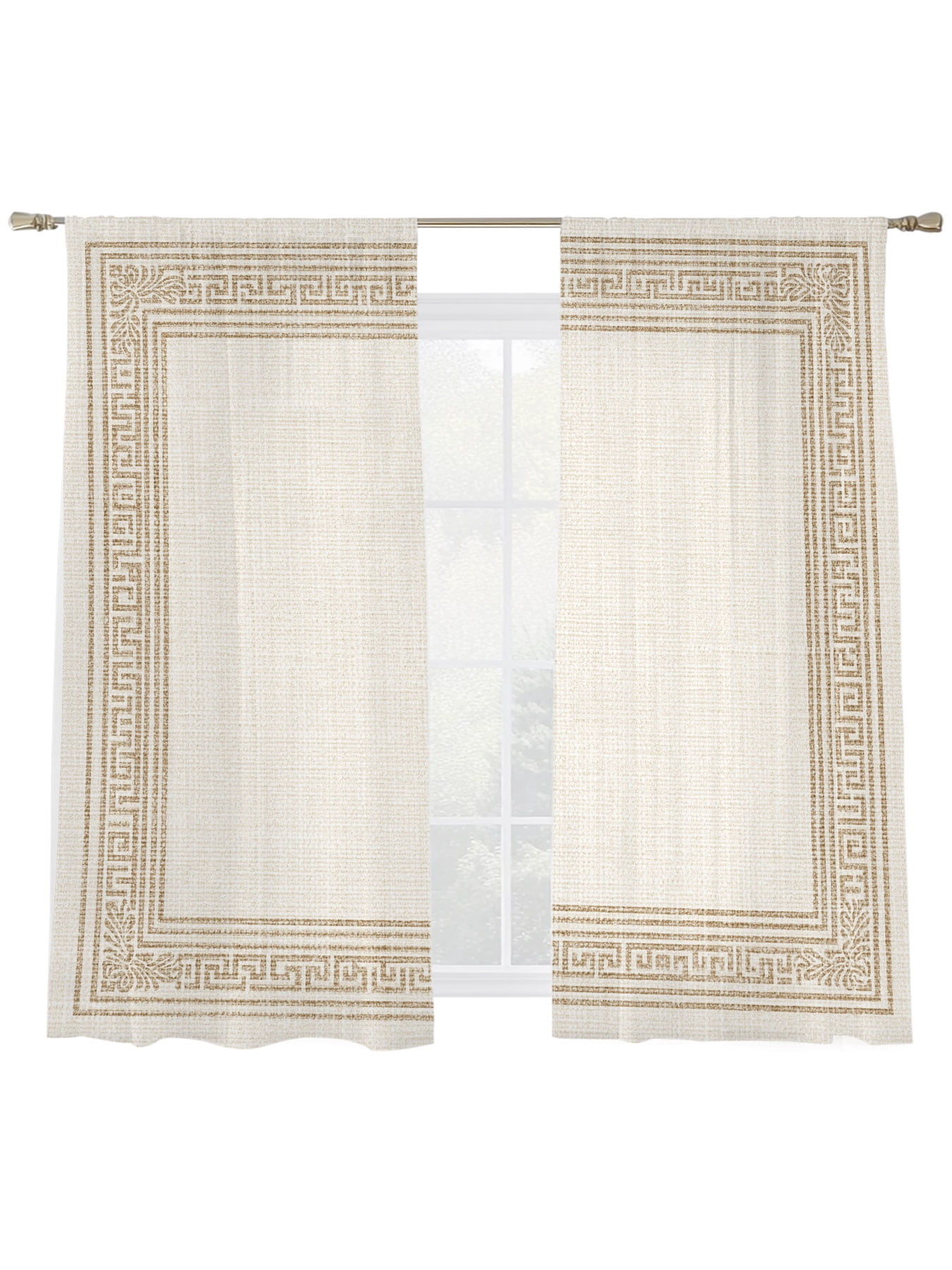Beige Abstract Art Sheer Curtains 63 inches Long, Vintage Linen ...
