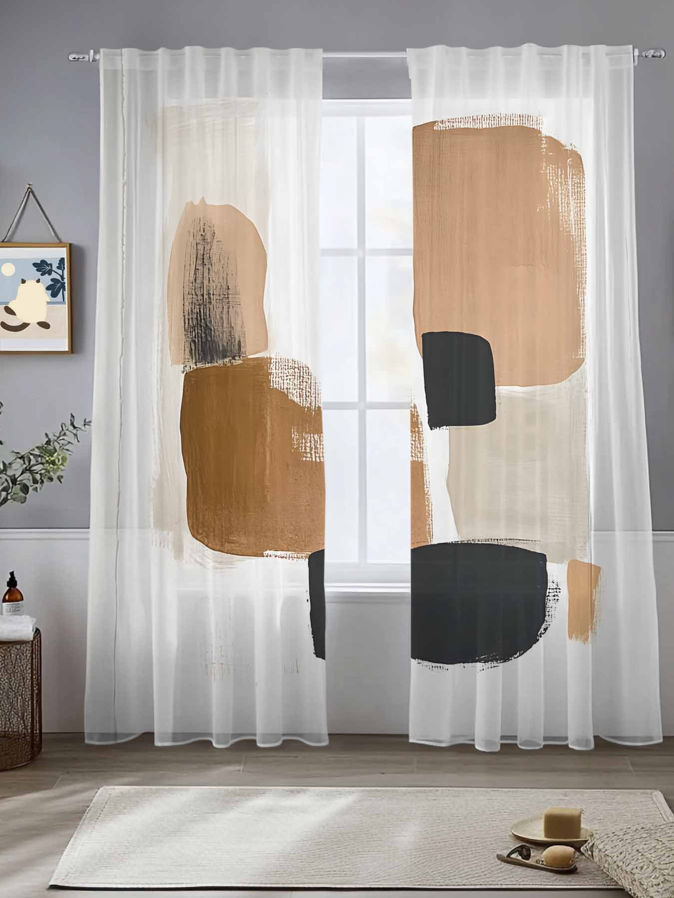 Beige Abstract Art Sheer Curtains for Living Room Bedroom Geometric ...