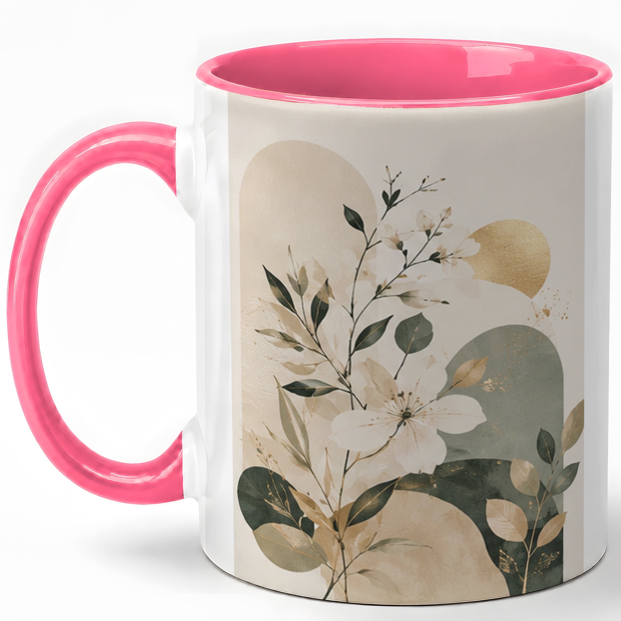 Beige Abstract Floral 11oz Ceramic Mug, Modern Botanical Coffee Cup ...