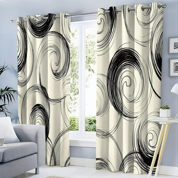 Beige Abstract Lines Spirals Blackout Curtains Japanese Hand-Painted ...