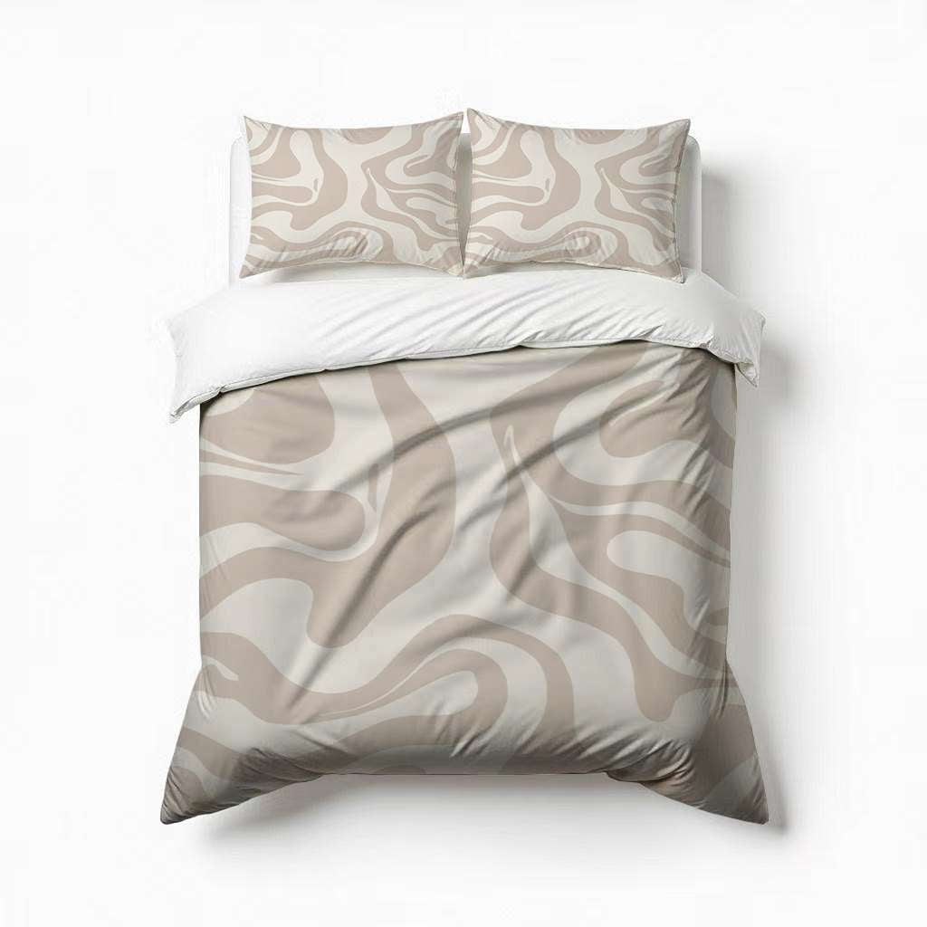 Beige Abstract Wavy Pattern Design Bedding Set 3 Pcs Soft Microfiber ...