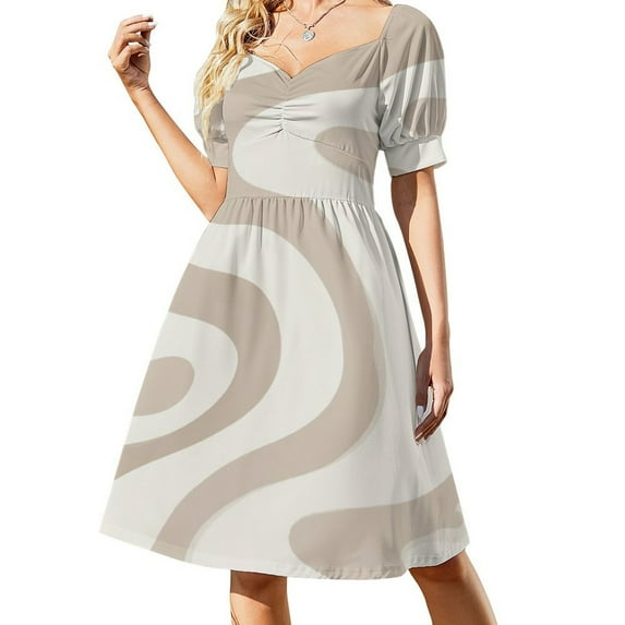 Beige Abstract Wavy Pattern Design Short Sleeve Dress Clothes Women's ...