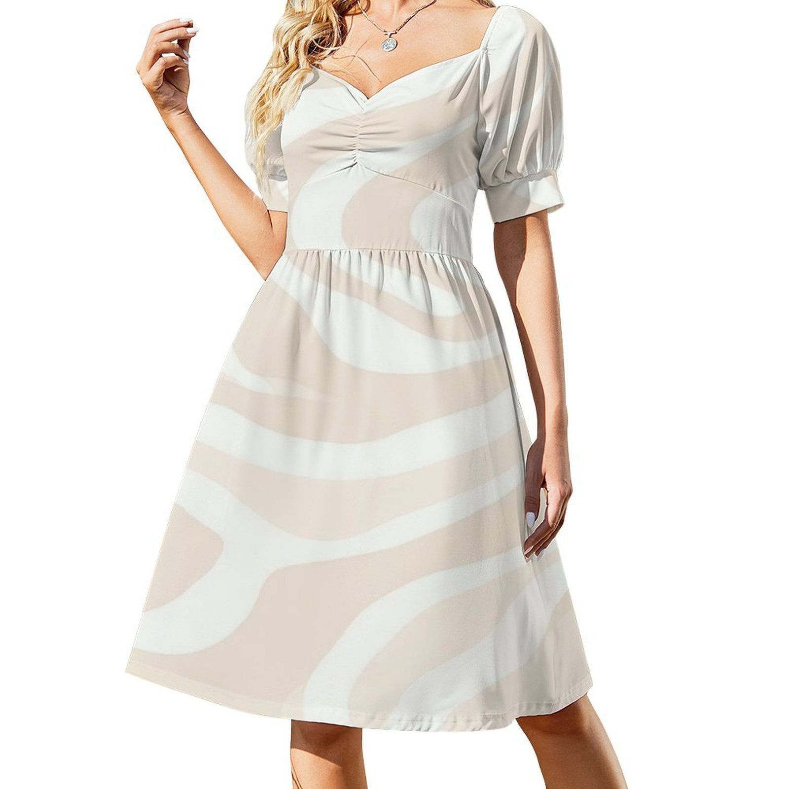 Beige Abstract Wavy Pattern Design Short Sleeve Dress Clothes Women's ...