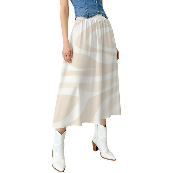 Beige Abstract Wavy Pattern Design Women High Waist Midi Skirt Elegant ...