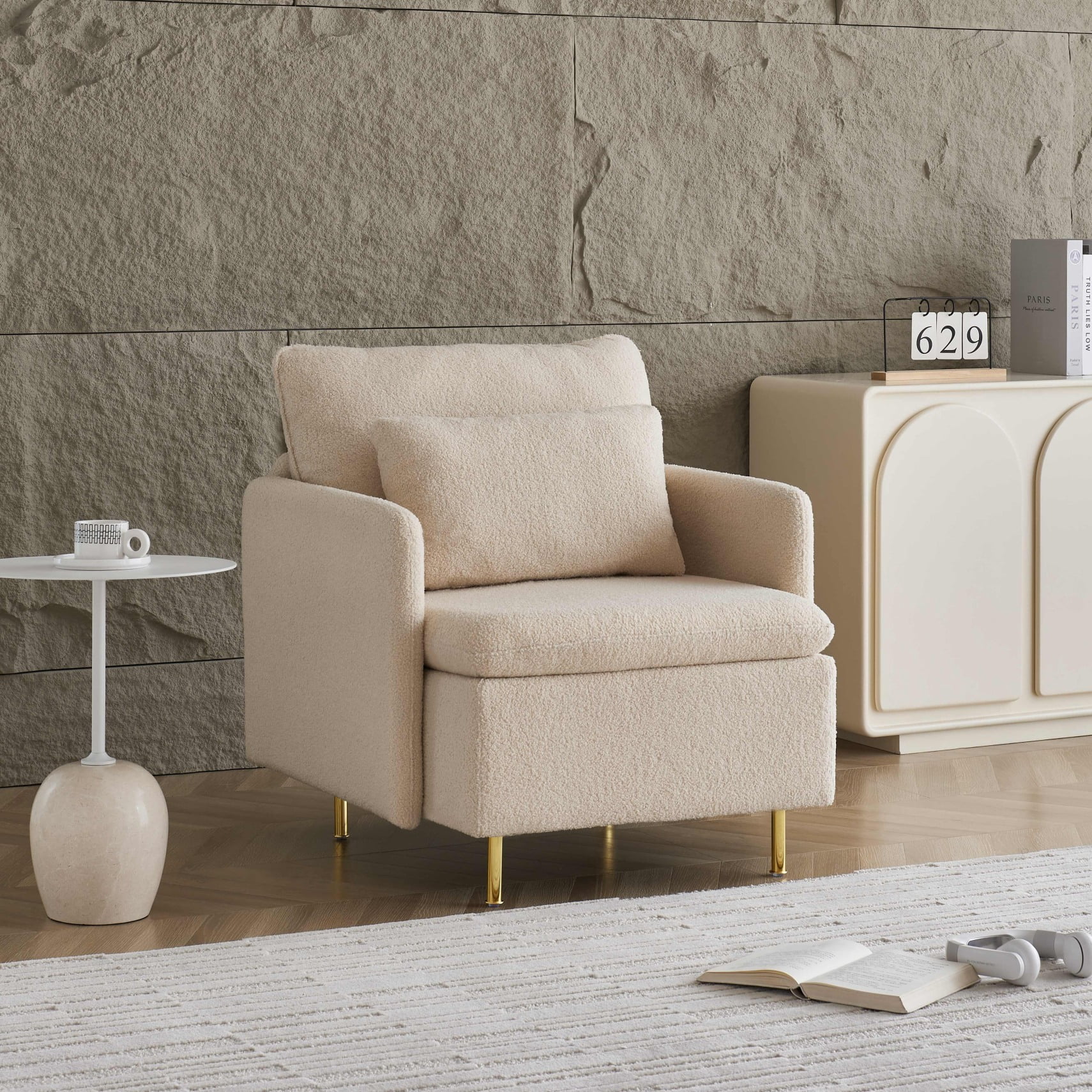 Beige Accent Chair with Golden Legs, Sherpa Upholstered Cozy Comfy ...
