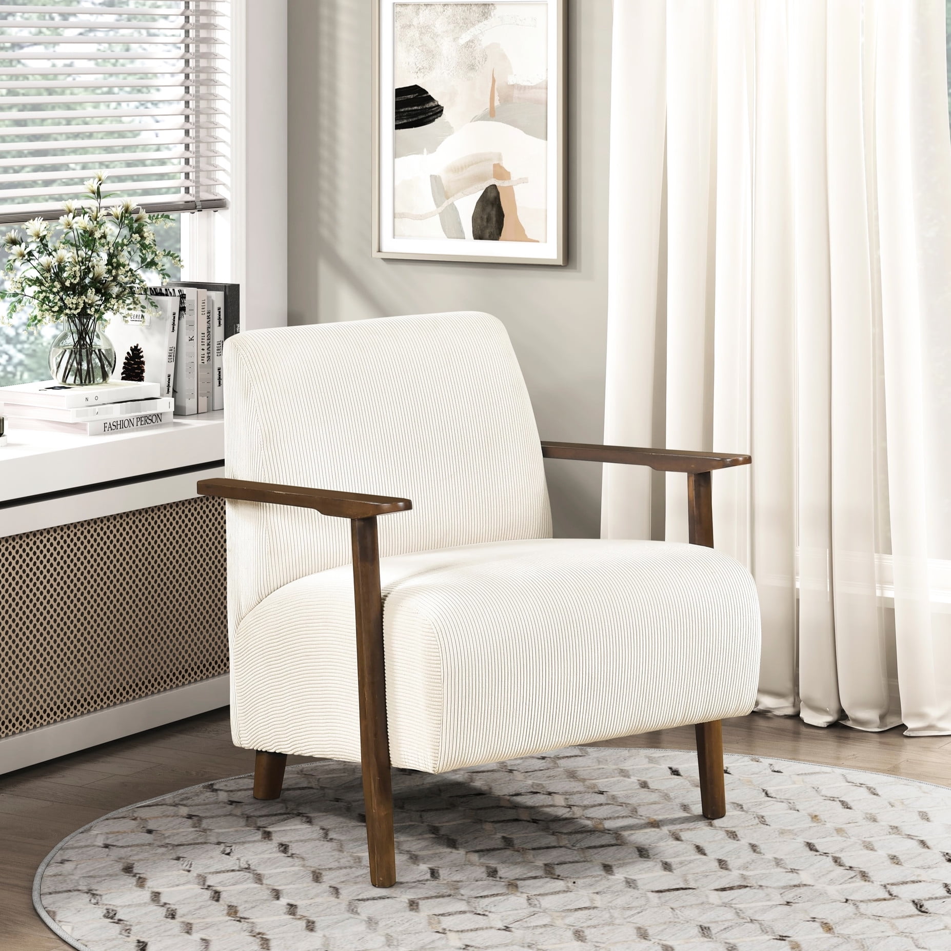 Beige Accent Chair With Foam Padding And 22.5" Seat Depth 31" Height Solid Wood Construction ...