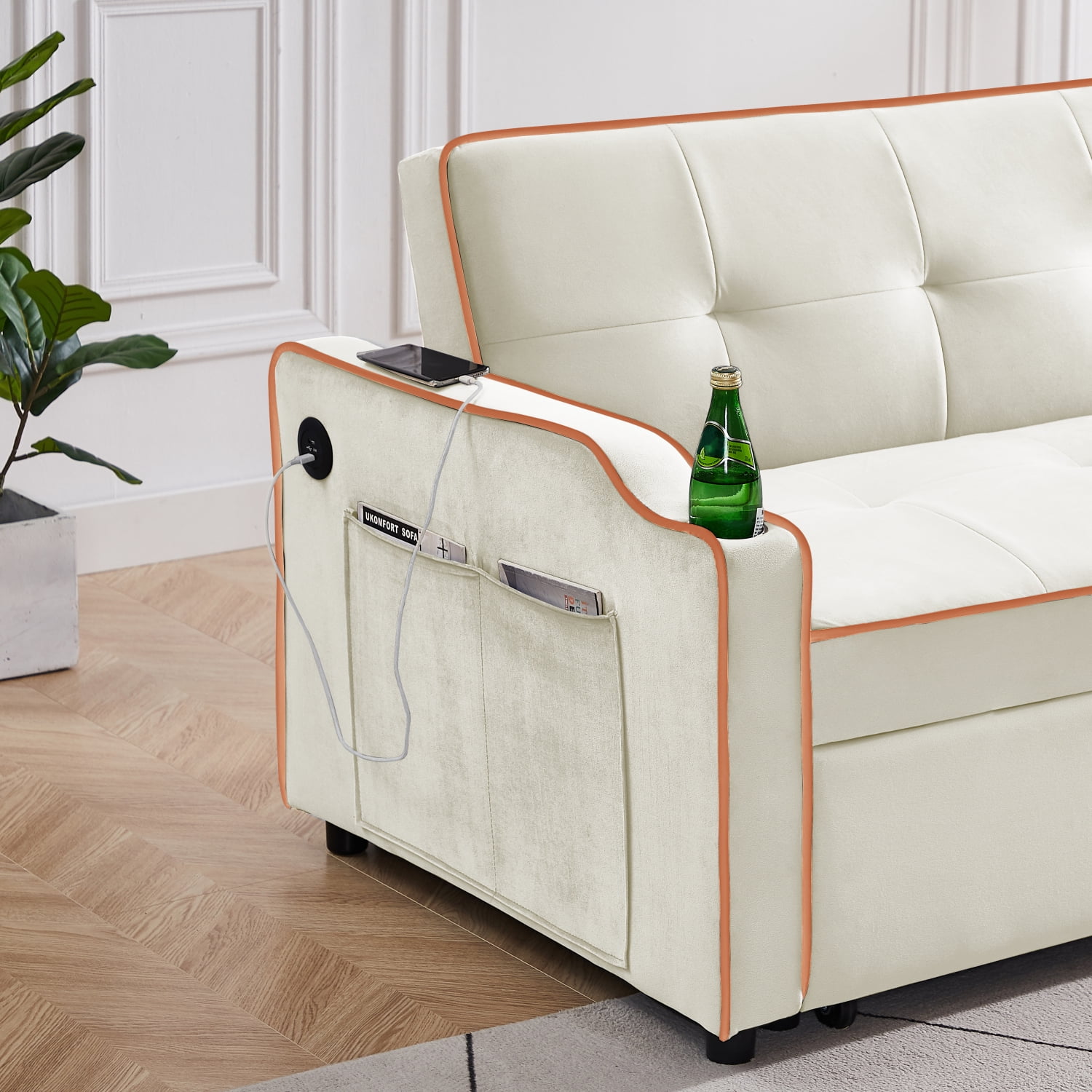 Beige Adjustable Backrest 3 in 1 Convertible Sofa Chair Bed with USB ...
